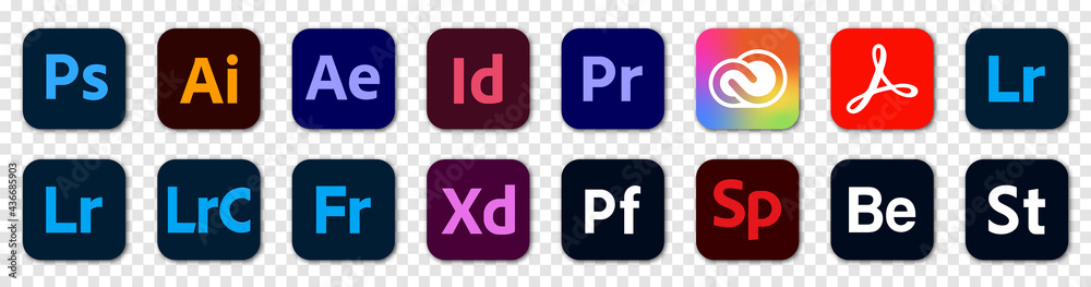 VINNYTSIA, UKRAINE - May 30 2021 Set of popular Adobe apps icons ...