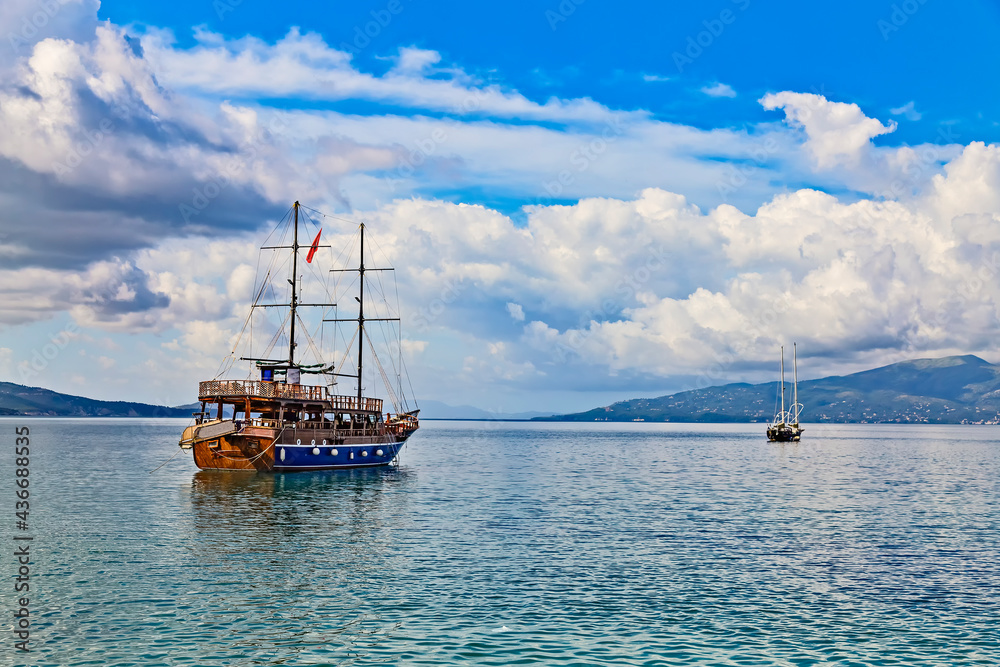 Vintage mast wooden sailing ship for sea tours in Saranda gulf, Albania ...