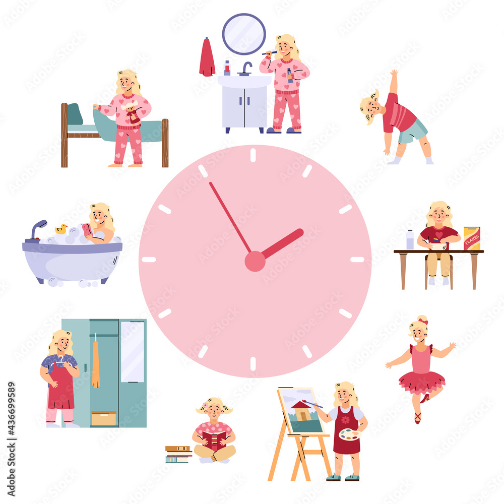 Schedule of daily routine for cute kid girl a vector flat cartoon ...