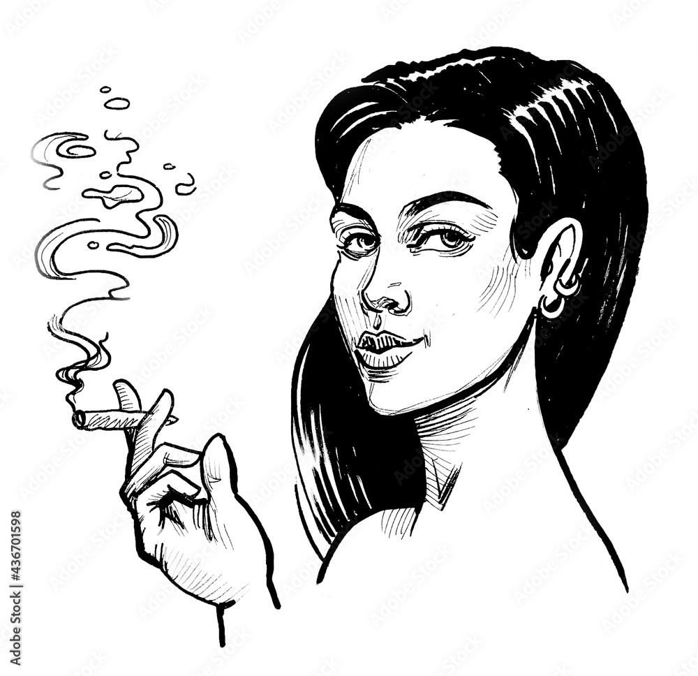 Pretty woman smoking marijuana joint. Ink black and white drawing Stock ...