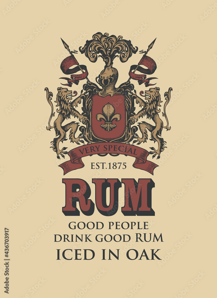 Hand-drawn label or banner for Rum with ornate coat of arms on a beige ...
