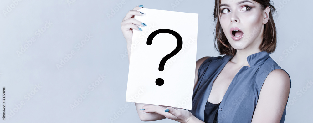 Woman with doubtful expression and question marks. Thinking woman. Girl ...