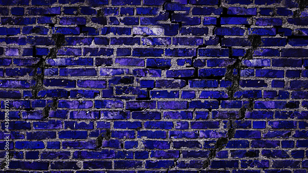 Dark blue brick wall with a crack. Copy space. Antique wall background ...