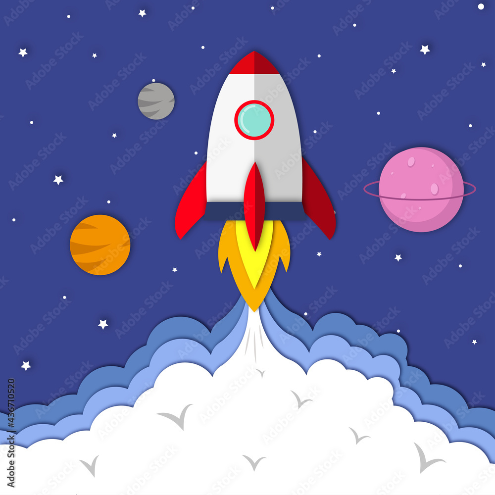Rocket for startup business project. Paper cut startup poster template ...