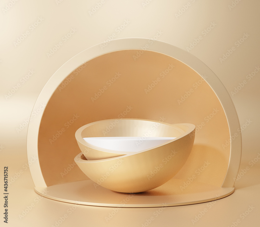 3D render gold color background with geometric shapes, pedestal on one ...