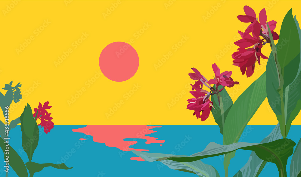 Retro - vintage tropical Canna flowers branch and beach landscape view ...