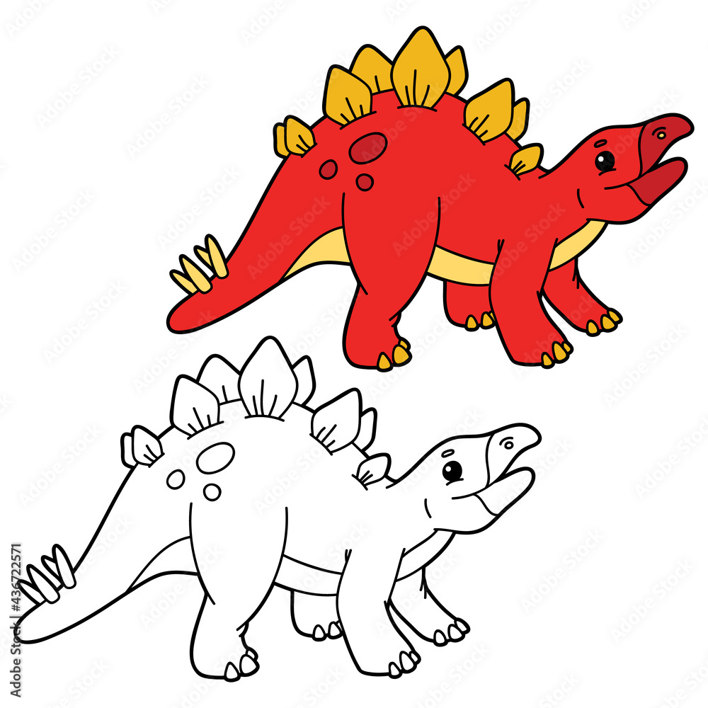 Vector illustration coloring page with cartoon dinosaur and example for ...