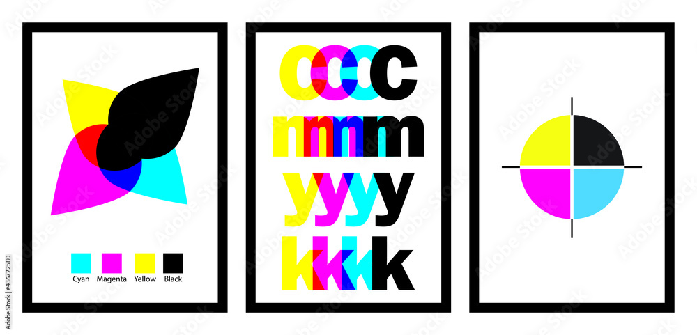 Three different design minimalist poster in black frame cmyk, cyan ...