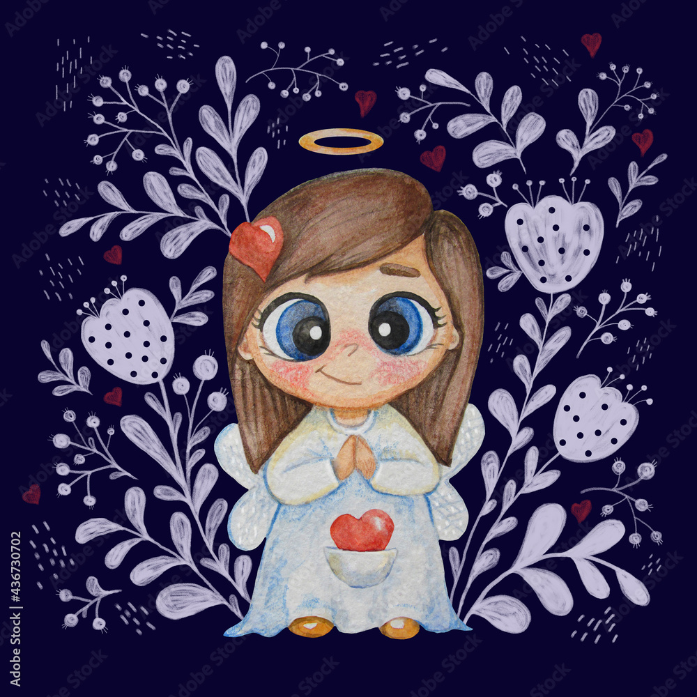 Cute little angel girl with long hair and wings in white clothes with ...