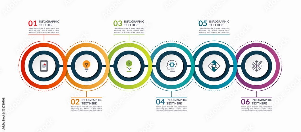 Infographic timeline template with 6 steps, options, circular elements ...