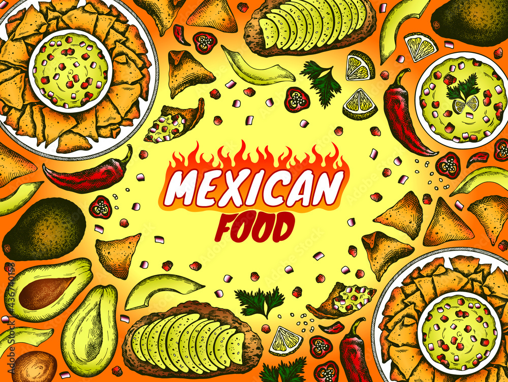 Colorful sketch drawing card of Mexican food, green avocado slice ...