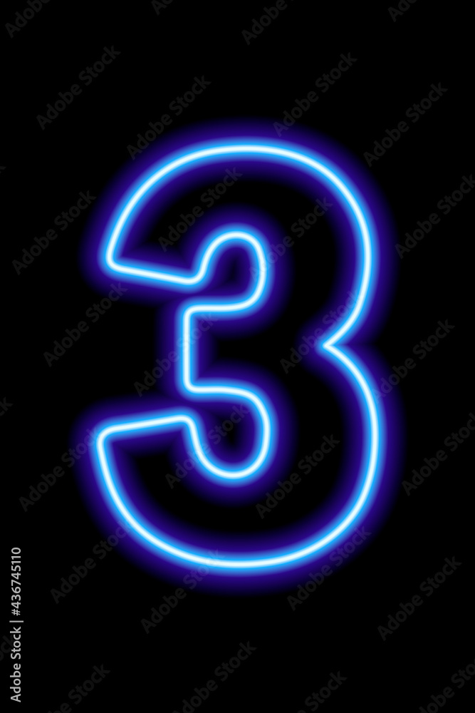 Neon blue number 3 on black background. Serial number, price, place ...