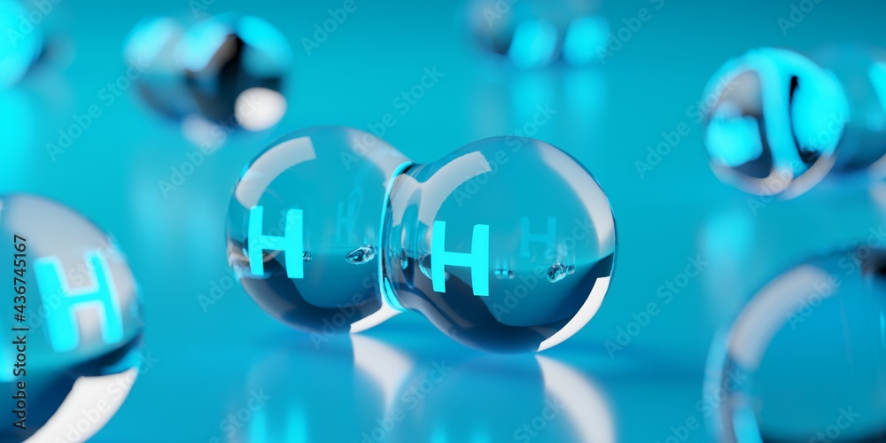 Abstract transparent hydrogen H2 molecules on blue background, clean ...