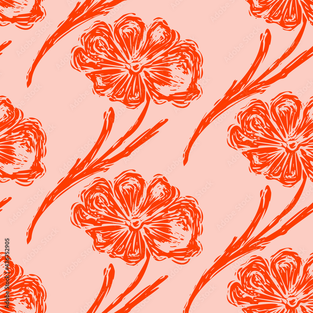 Coastal drawn floral block print seamless pattern. Marine 2 tone flower ...
