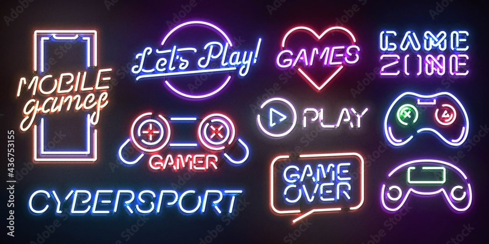 Vector set of realistic isolated neon sign of Game logo for template ...