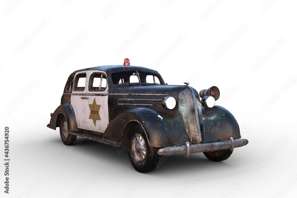 3D illustration of a rusty dirty old vintage police car with headlights ...