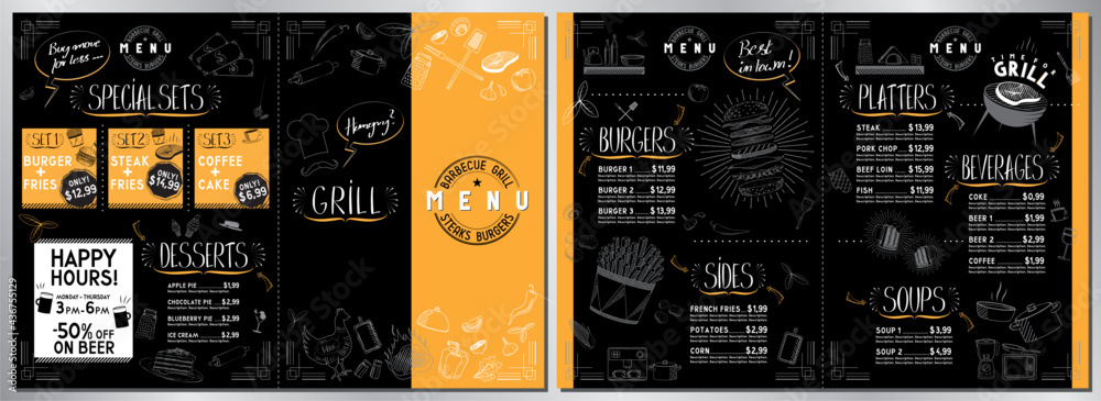 Barbecue grill bar menu template - A3 to A4 card (burgers, sides, grill ...
