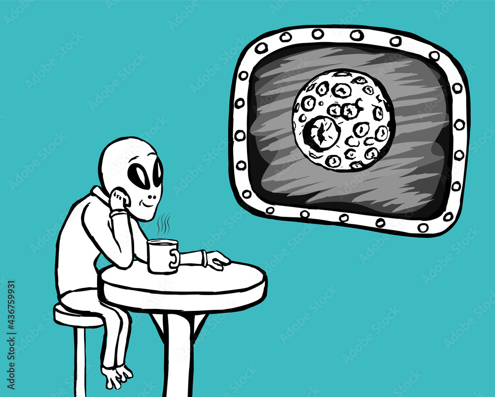 Smiling alien with a cup of hot coffee seeing at the Moon on the ...