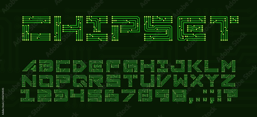 Chipset font with circuit board letters. Techno ABC with electronics ...