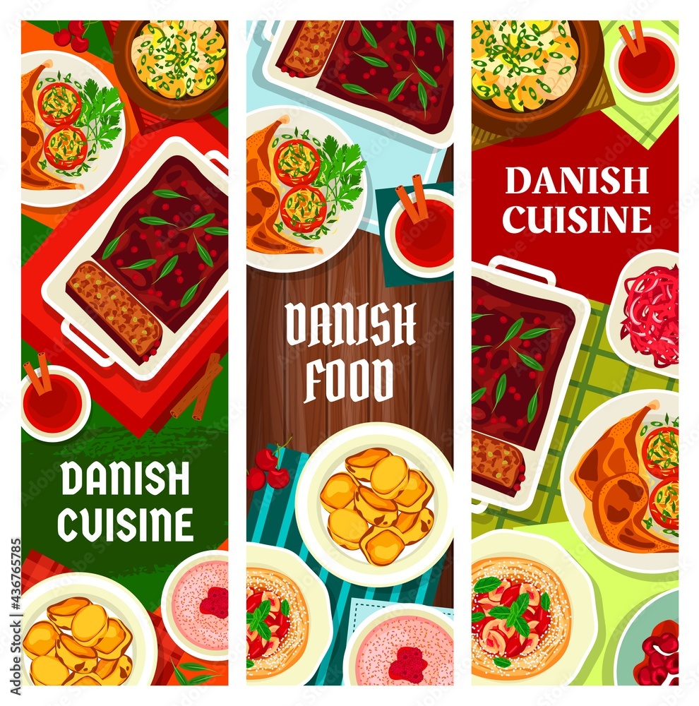 Danish cuisine food banners, Scandinavian dishes and Denmark meals ...