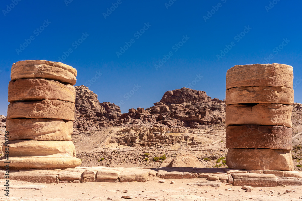 The view through two limestone columns of great temple at ...