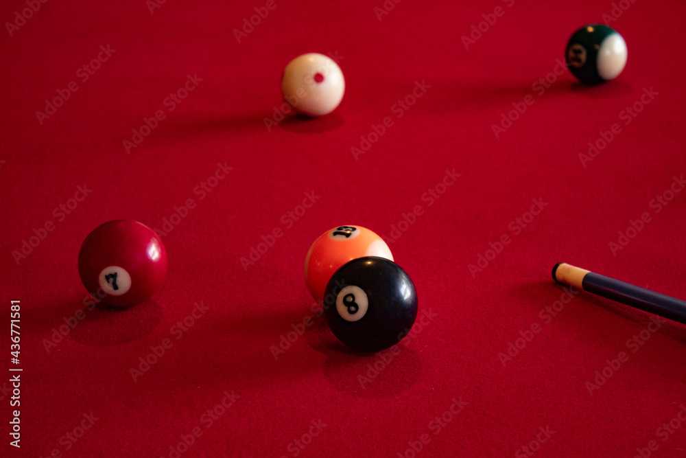 Billiard balls ready to play on a red table Stock Photo | Adobe Stock