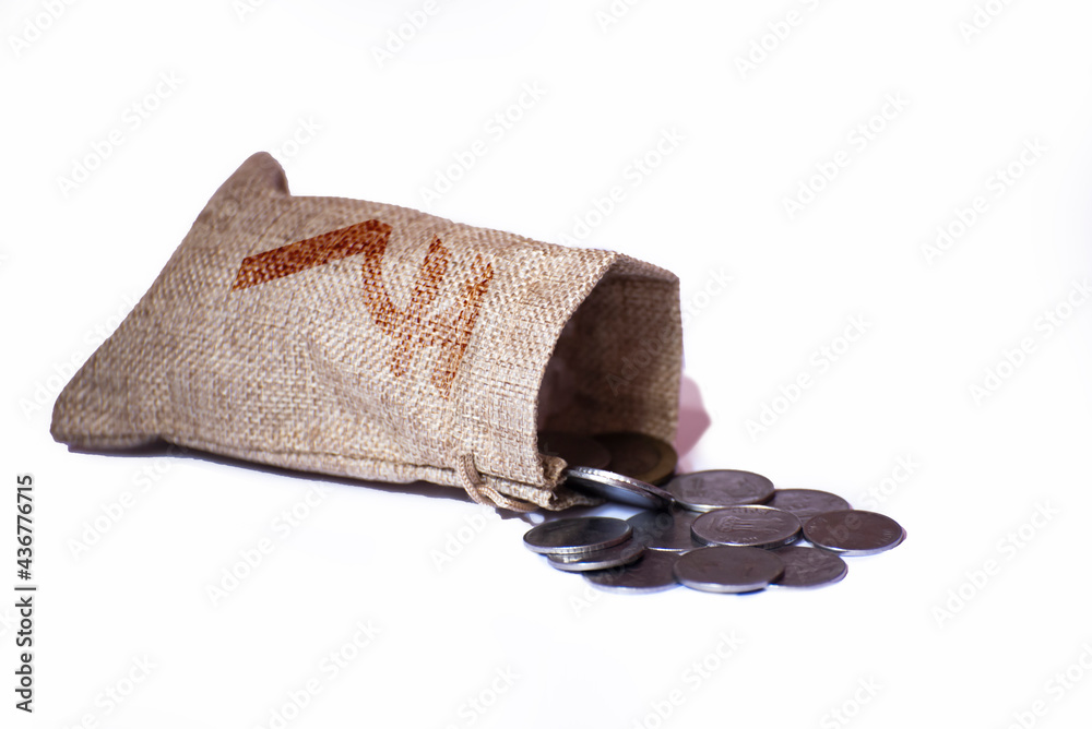 Money bag with rupee symbol lying down isolated on white background ...