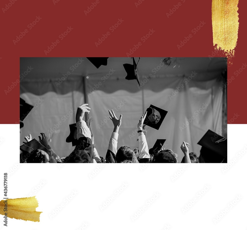 Graduation, Photo with people graduating, Background with gold, red and ...