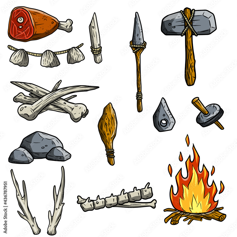 Set of tools and weapons of the caveman. Spear and fire, spine bones ...
