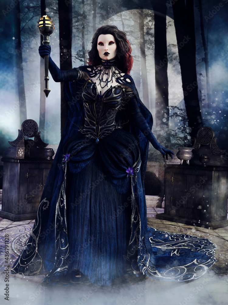 Gothic sorceress with a torch standing next to an altar with ritual ...