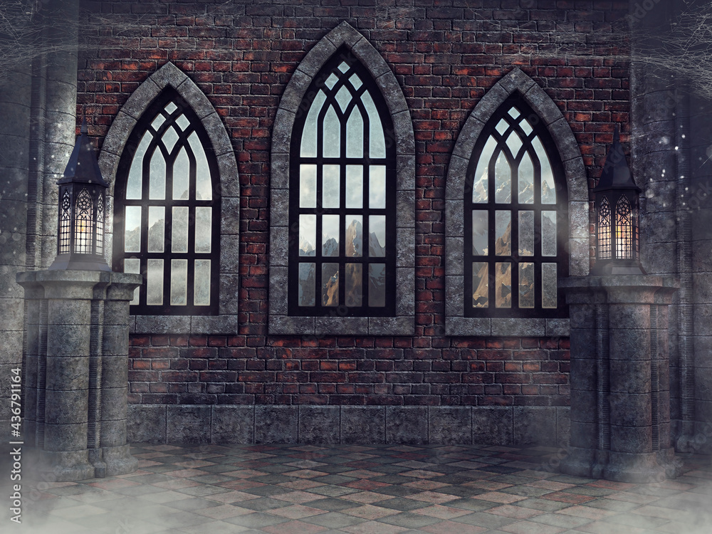 Gothic wall with three ornamented windows and two pillars with lanterns ...