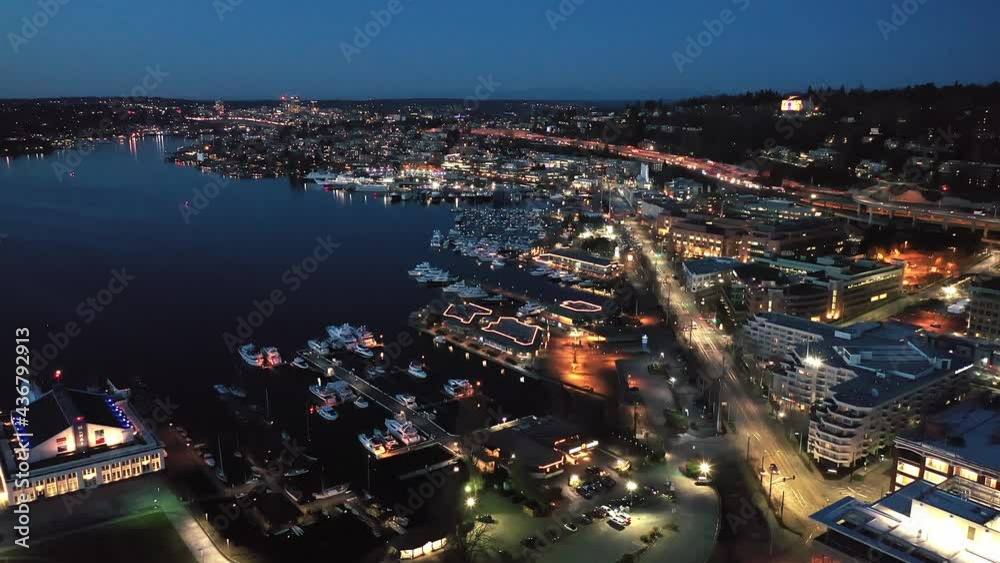 Cinematic 4K drone, after sunset, night clip of South Lake Union ...