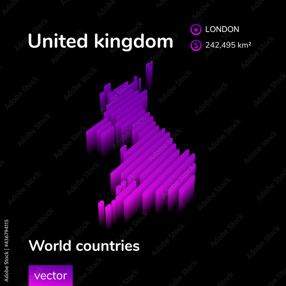 Stylized neon digital isometric striped vector UK map with 3d effect ...