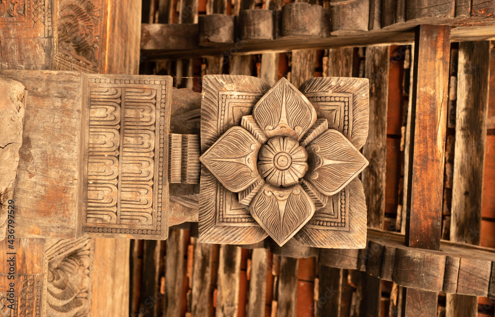 Traditional wood carvings of Embekka Devalaya Stock Photo | Adobe Stock