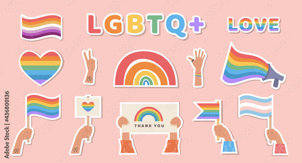 Set of stickers with LGBTQ symbols. LGBT, transgender and lesbian flag ...