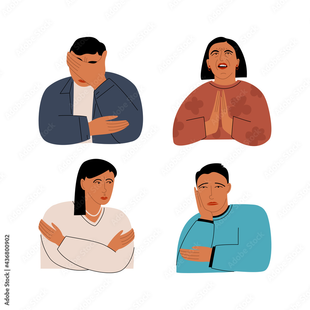 Set of sad people on white background. Vector flat illustration with ...
