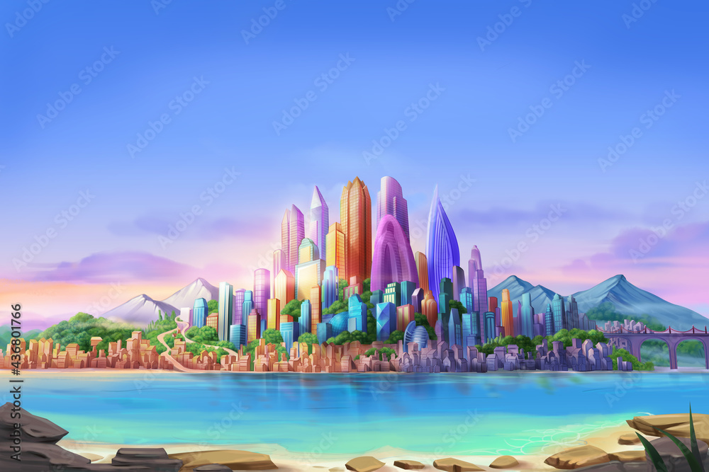 Mountain City. Buildings. Fantasy Backdrop. Concept Art. Realistic Book ...
