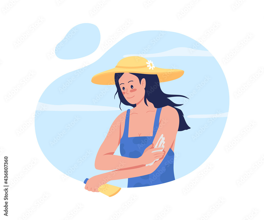Girl applying sunscreen lotion on arms 2D vector isolated illustration ...