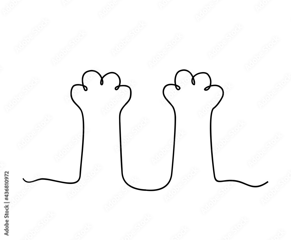 Continuous line art drawing of cat paw. Minimalist black outline art ...