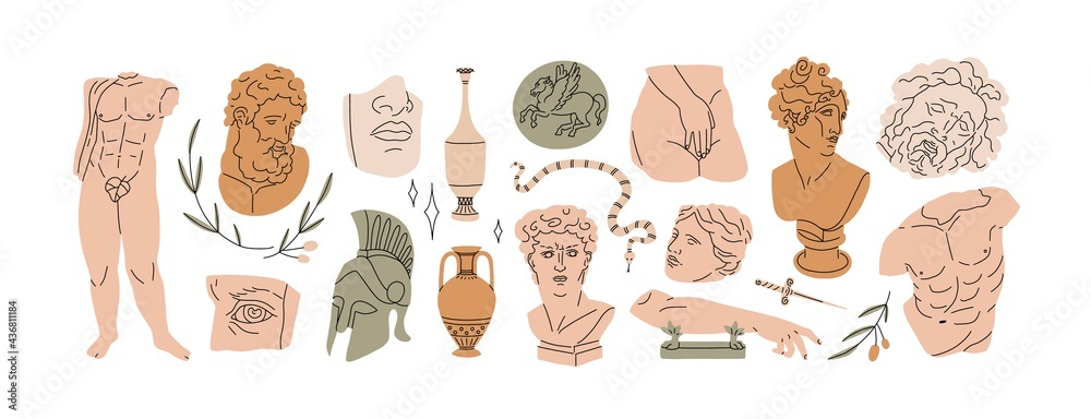 Set of abstract ancient Greek classic statues and sculptures, drawn in ...