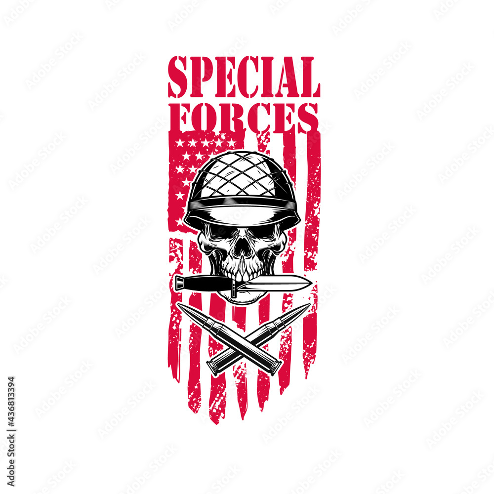 Special forces. Skull in army helmet with crossed bullets on american ...