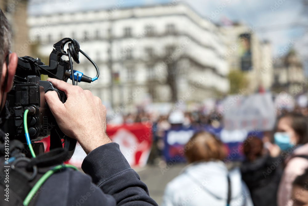 News broadcasting and recording protest on the streets. Stock Photo ...