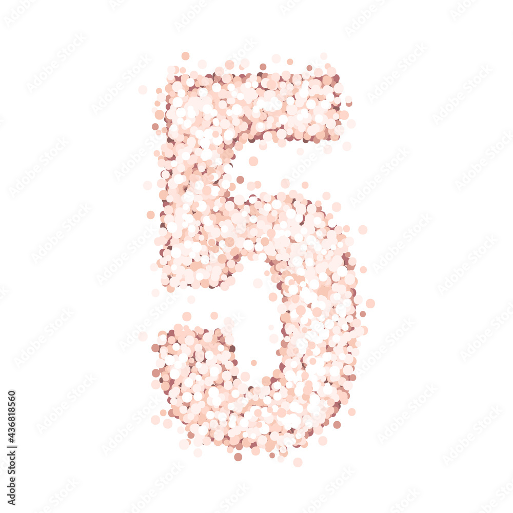 Shiny alphabet number five of pink gold glitter or confetti, isolated ...