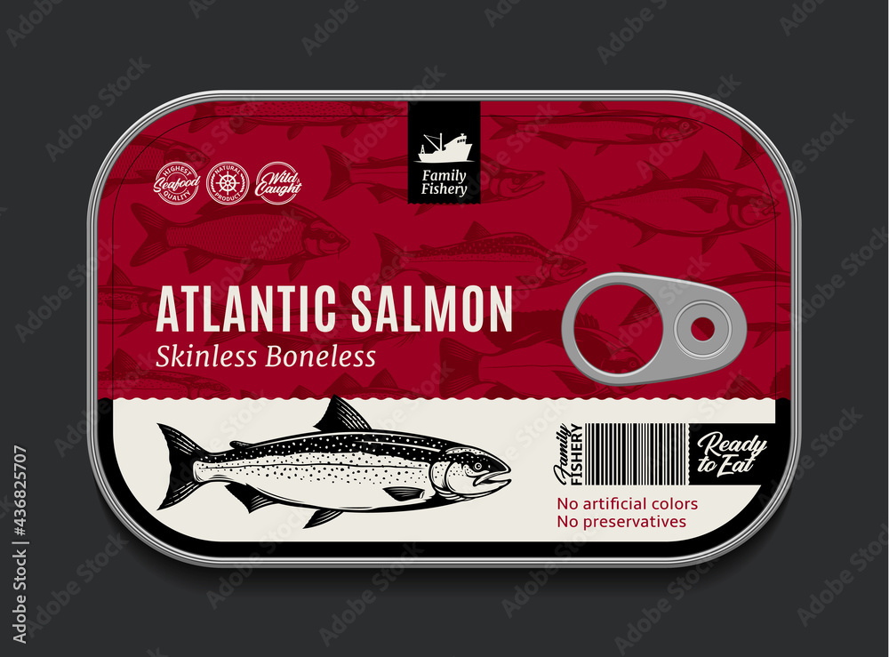 Canned Atlantic salmon label template, vector fish tin can with label ...