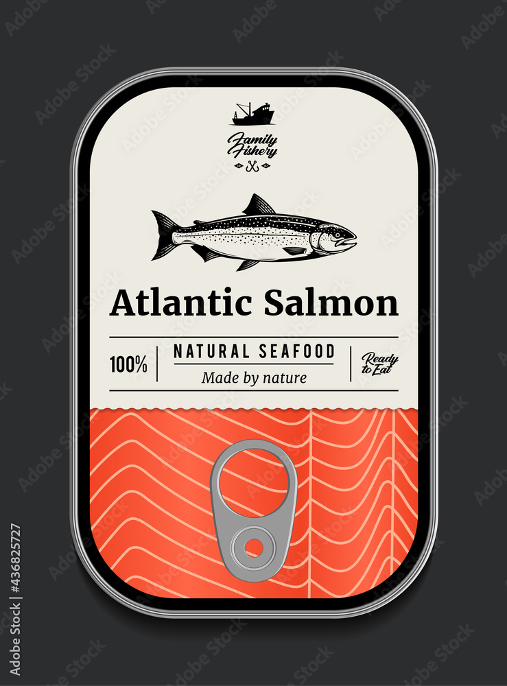 Canned Atlantic salmon label template, vector fish tin can with label ...