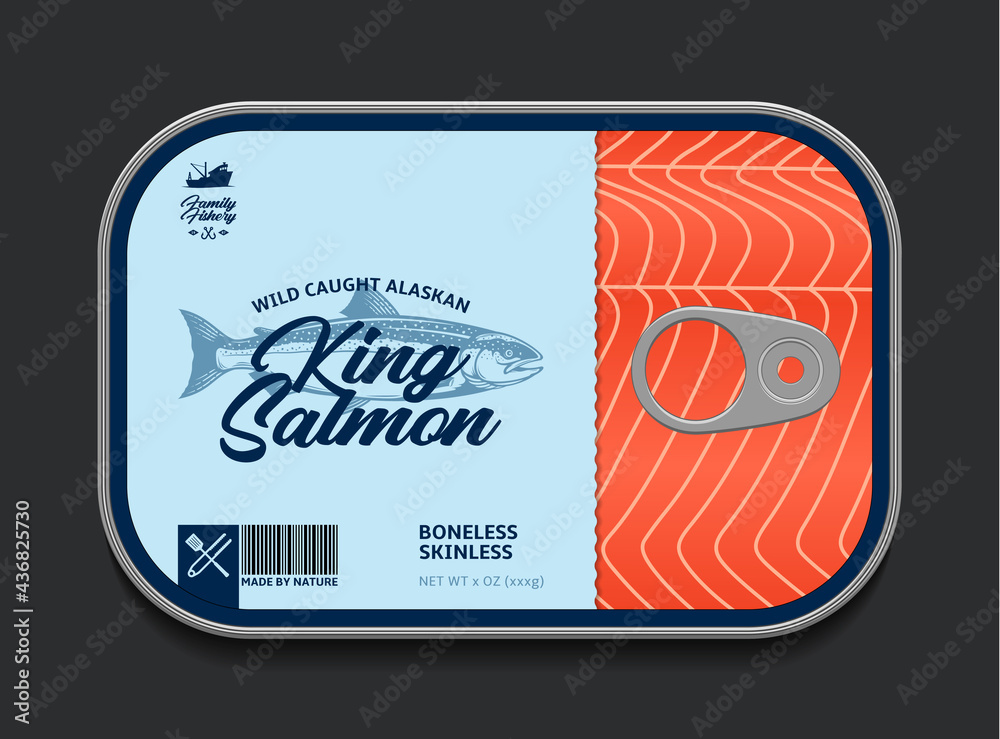 Canned king salmon label template, vector fish tin can with label cover ...