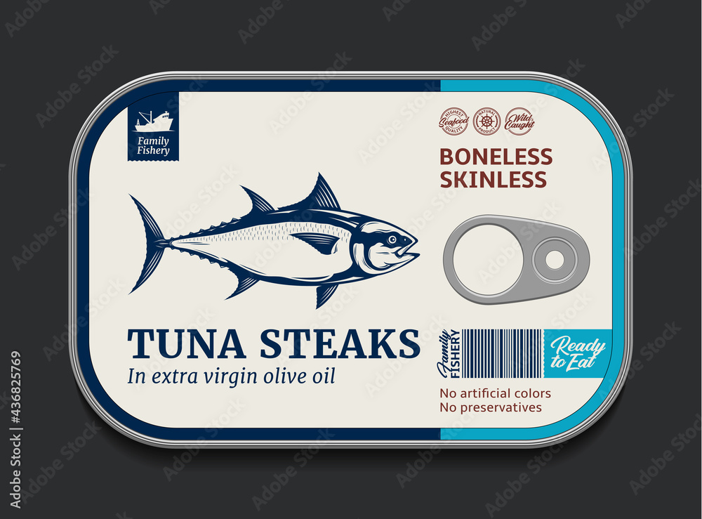 Canned tuna label template, vector fish tin can with label cover ...