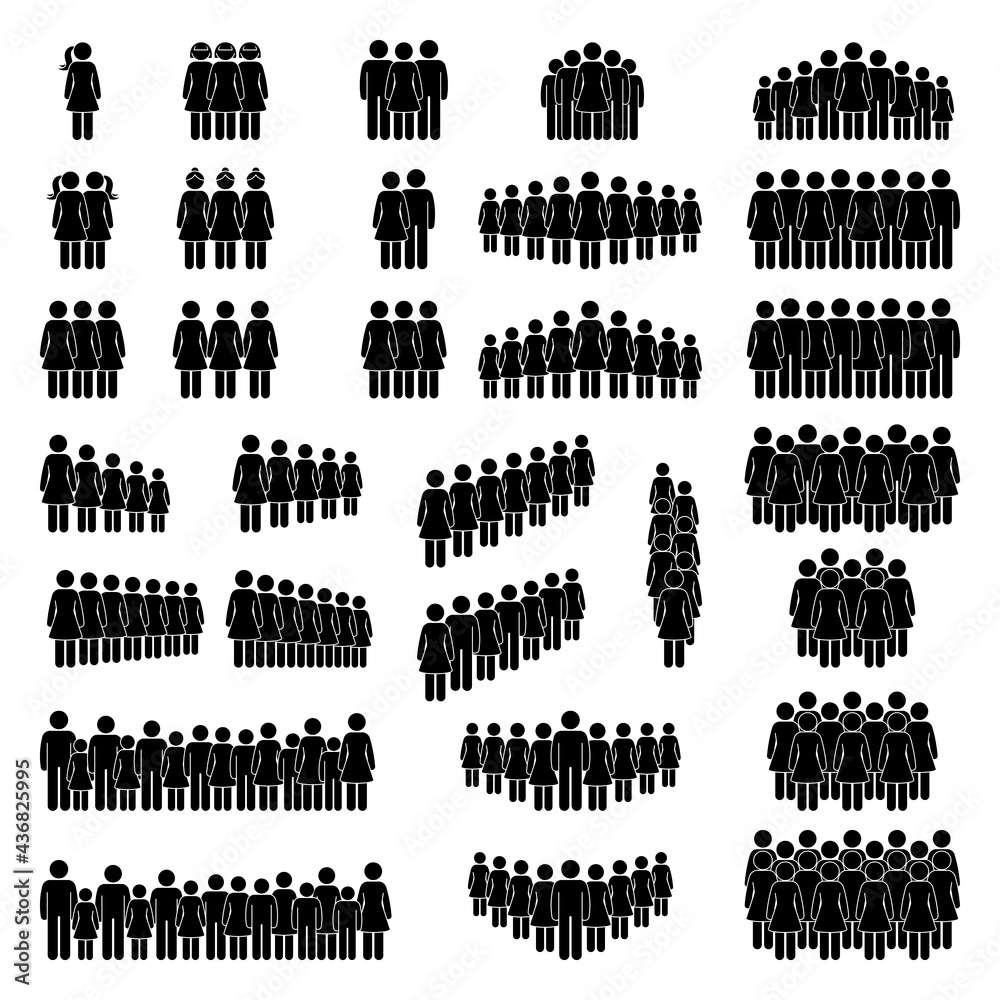 Group of stick figure people women standing, waiting in line, queue ...