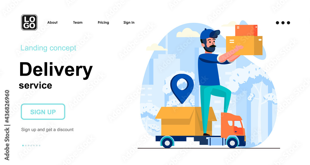 Delivery service web concept. Courier carrying parcels at home ...
