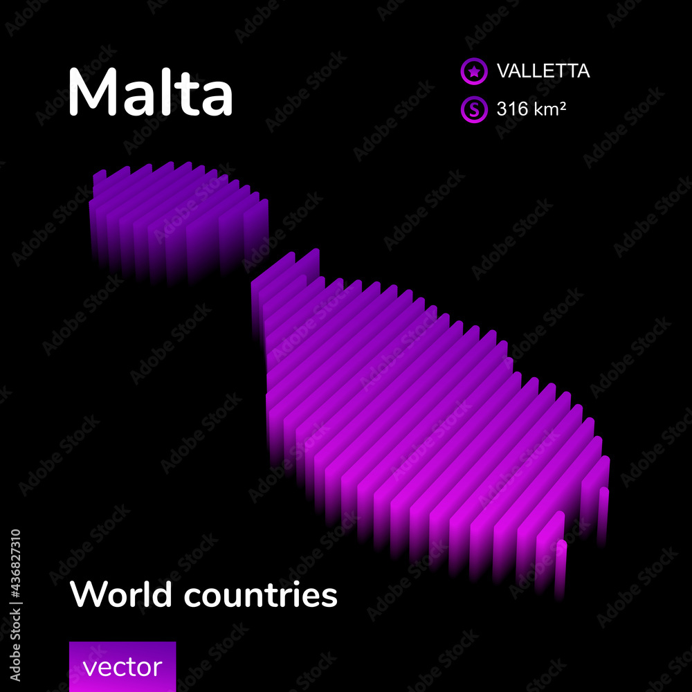 Stylized neon digital isometric striped vector Malta map with 3d effect ...